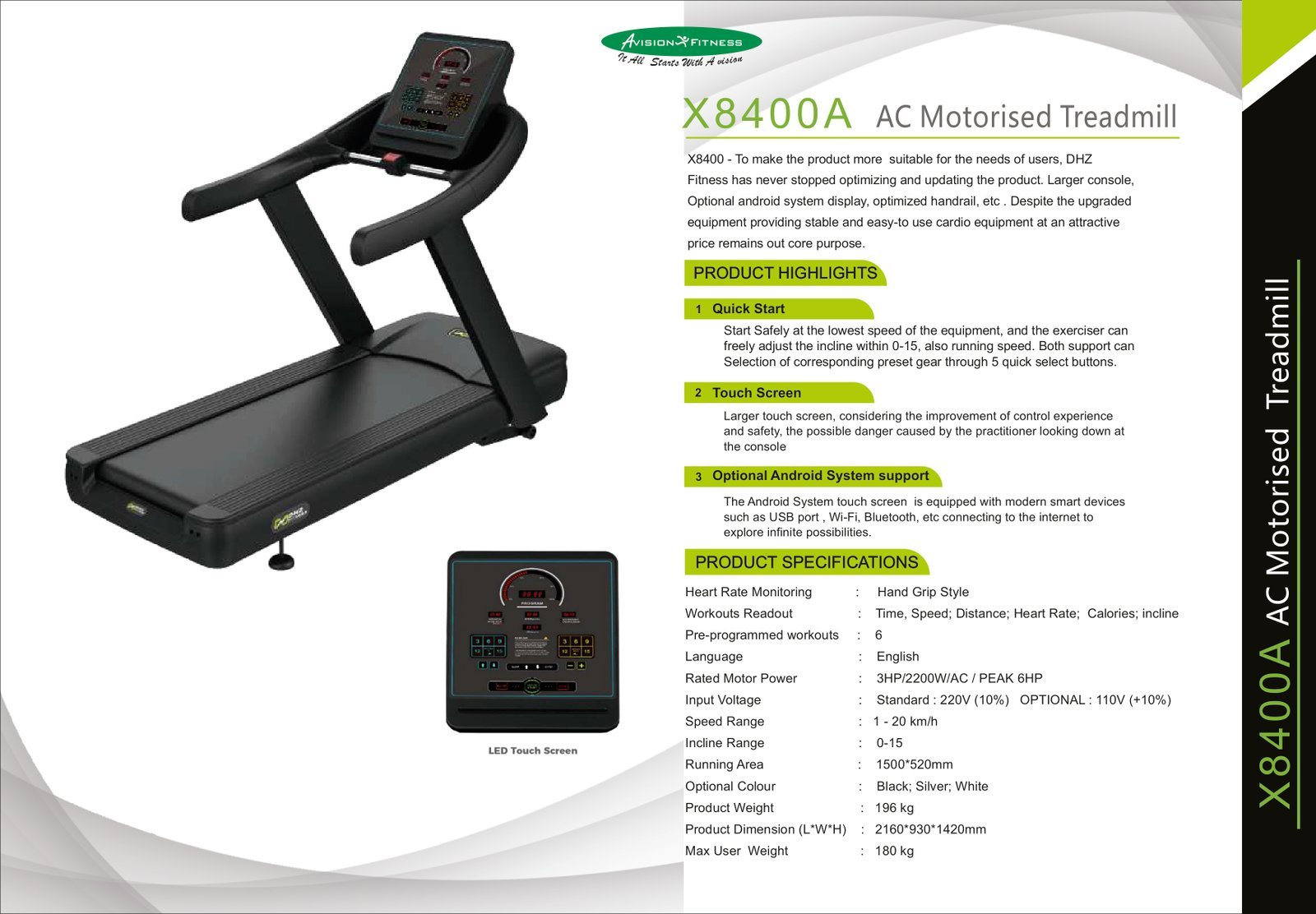 X8400A AC Motorised Treadmill - Avision Fitness - Gymnasium Equipment ...